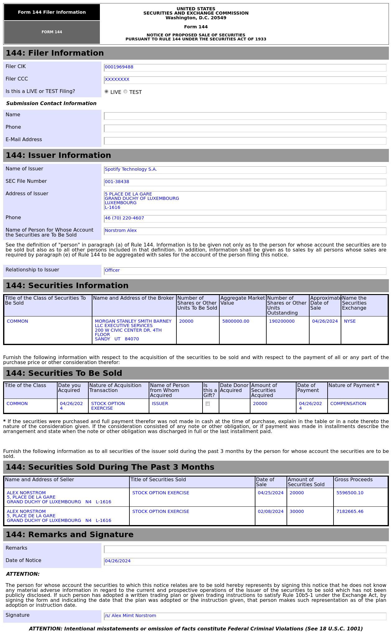 Form 144 | Spotify Technology(SPOT.US)高管擬出售2萬股，价值約580萬美元