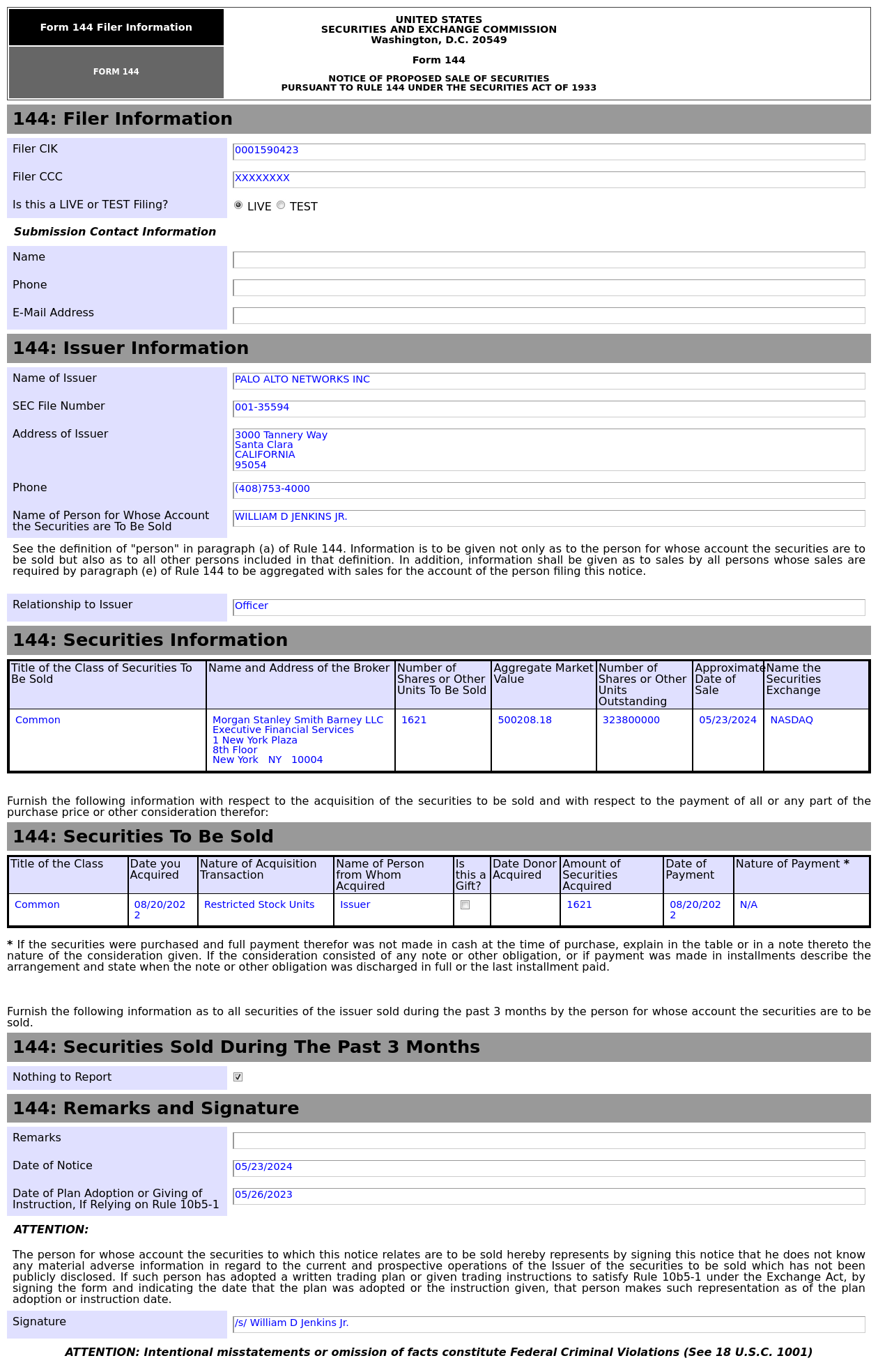 Form 144 | Palo Alto Networks(PANW.US)高管擬出售1,621股，价值約50.02萬美元