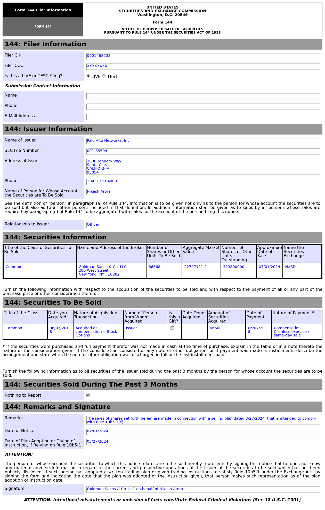 Form 144 | Palo Alto Networks(PANW.US)高管擬出售6.67萬股，价值約2,272.71萬美元